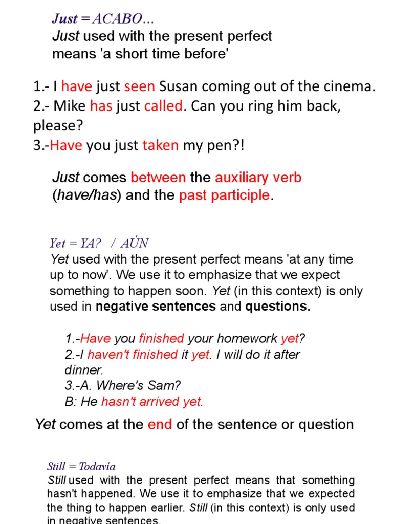 Present Perfect: Just, Yet, Still, Already | PDF
