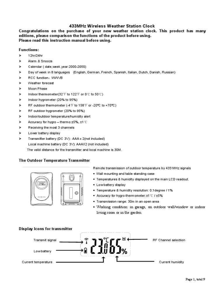 433Mhz Wireless Weather Station Clock | PDF | Humidity | Radio