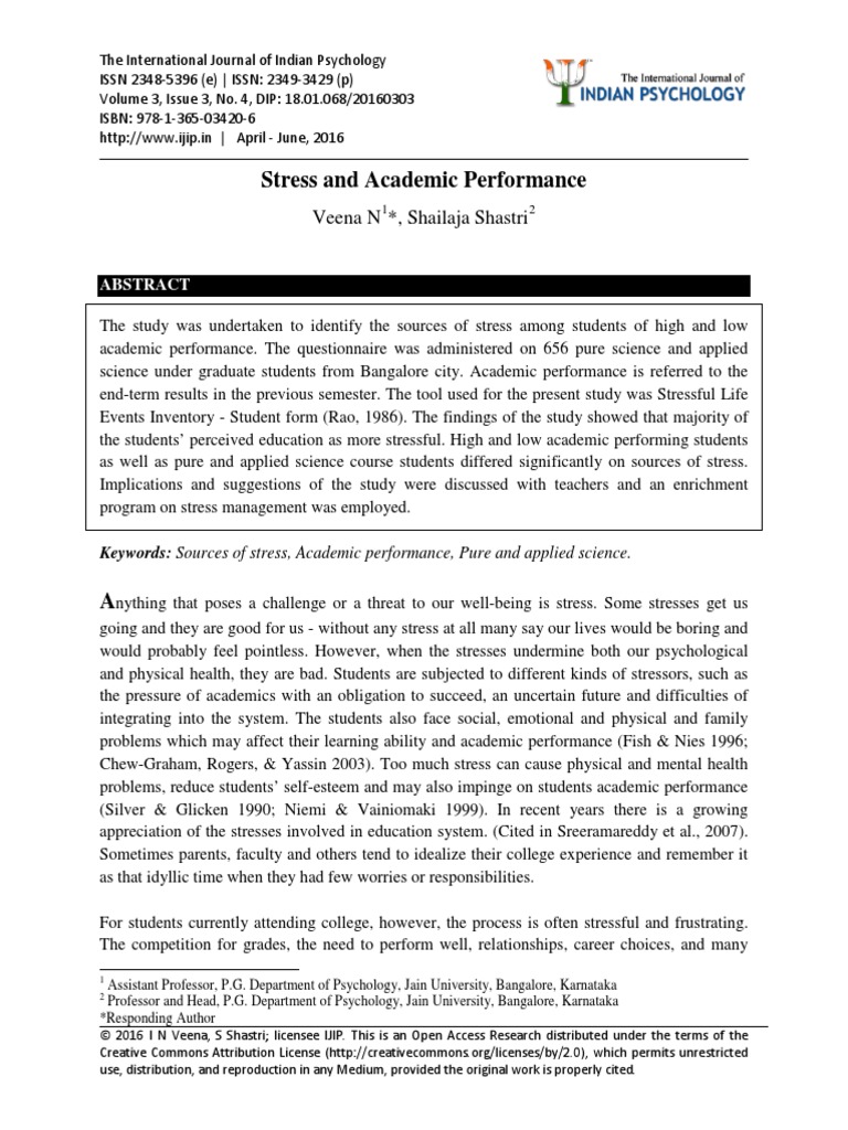 Stress and Academic Performance: Veena N, Shailaja Shastri | PDF ...