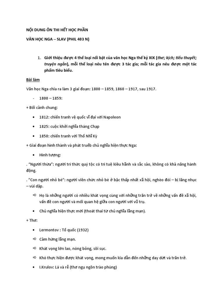 N I Dung Ôn Thi VH Nga-Slav Phil403n (Các L P Thư NG) | PDF