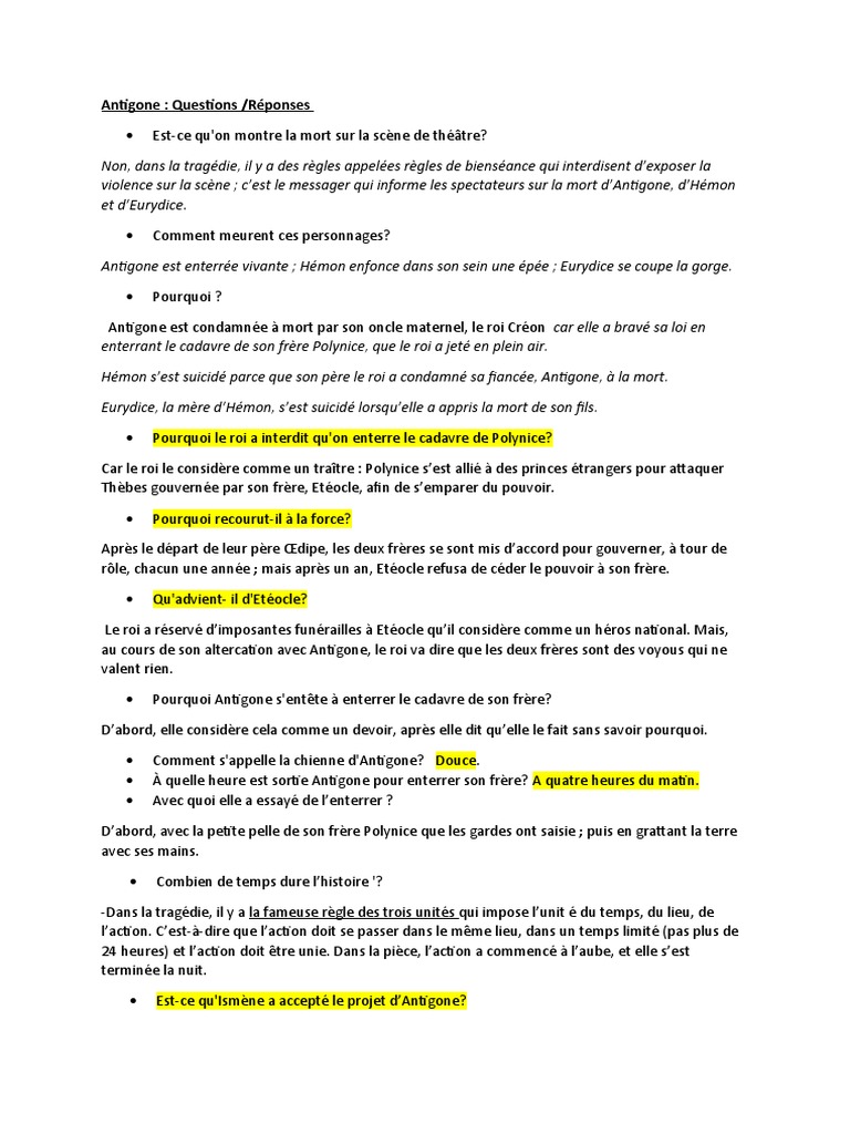 Antigone QUESTION ET REPONSES | PDF