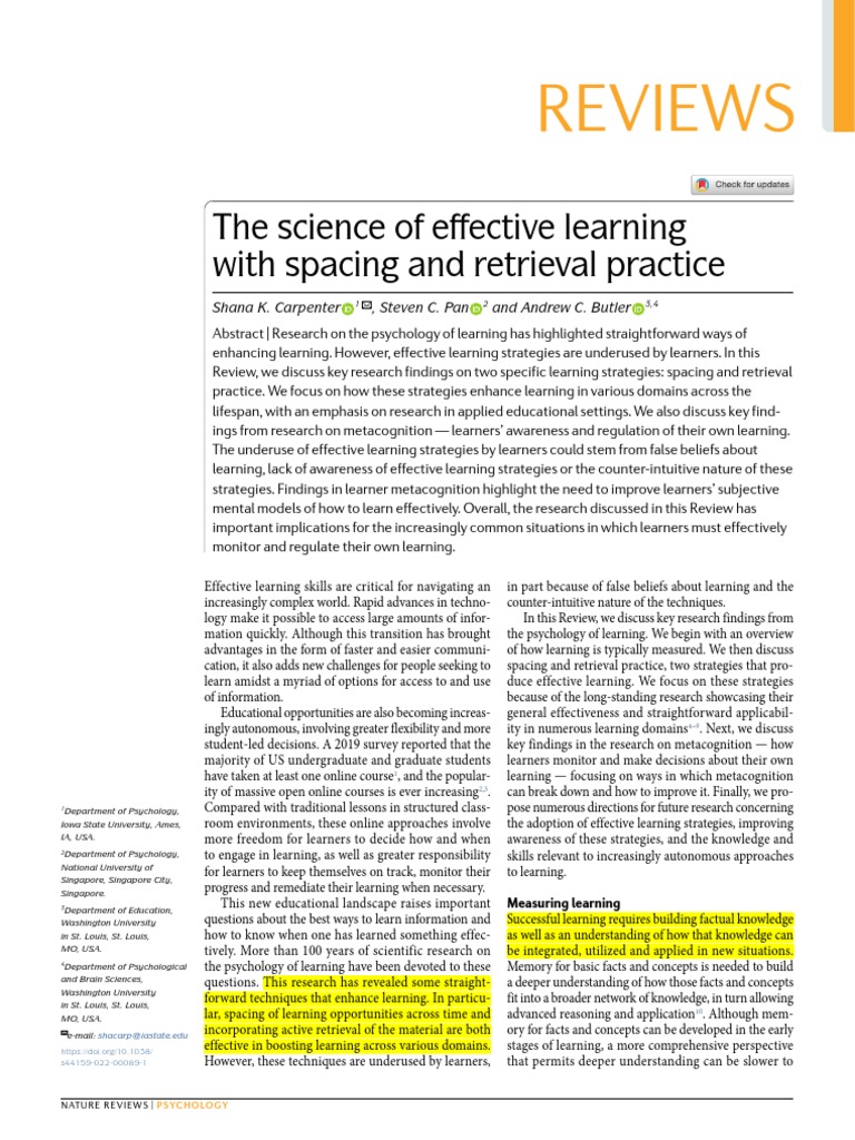Carpenter Et Al - 2022 - The Science of Effective Learning With Spacing and Retrieval Practice ...