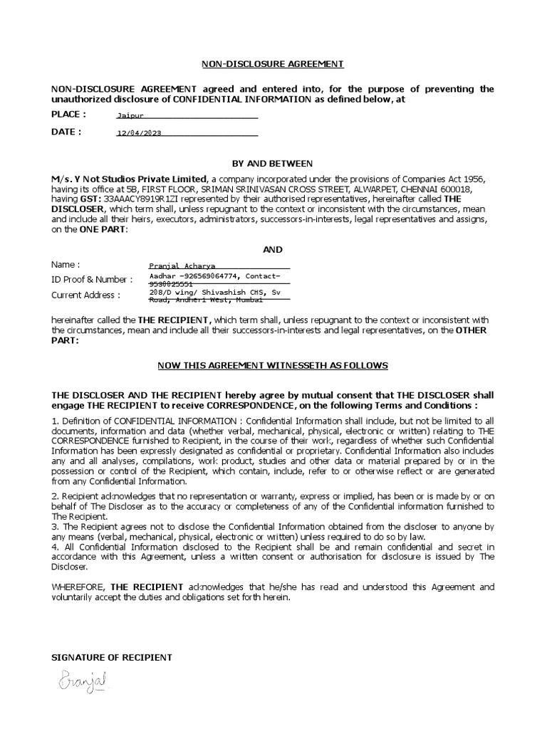 Nda Form | PDF | Non Disclosure Agreement | Business Law