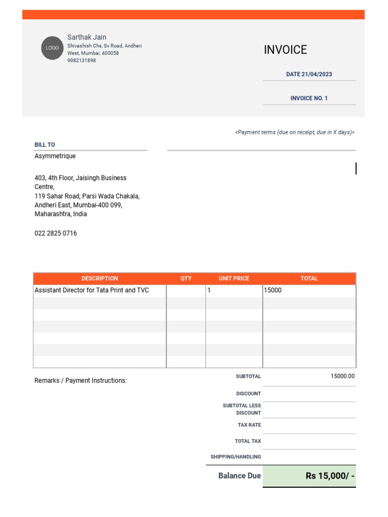 Sarthak Jain Invoice | PDF Sarthak Jain Invoice | PDF
