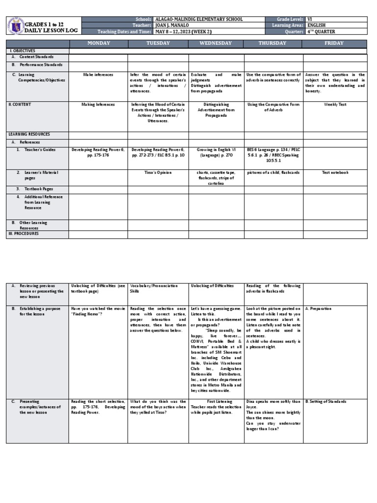 DLL - English 6 - Q4 - W2 | PDF