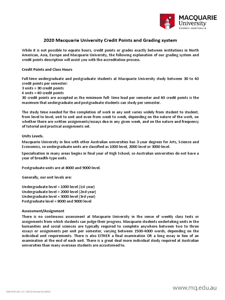 Macquarie University Grading System Overview | PDF | Course Credit ...
