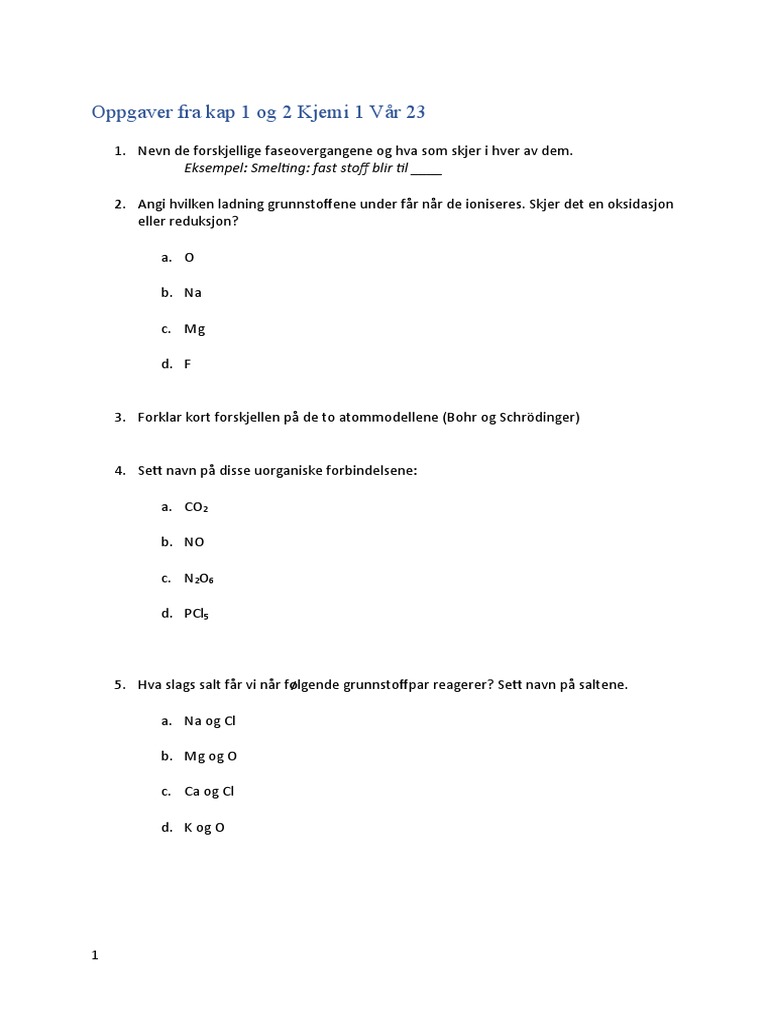 Oppgaver Kap 1 Og 2 Kjemi 1 V23 | PDF