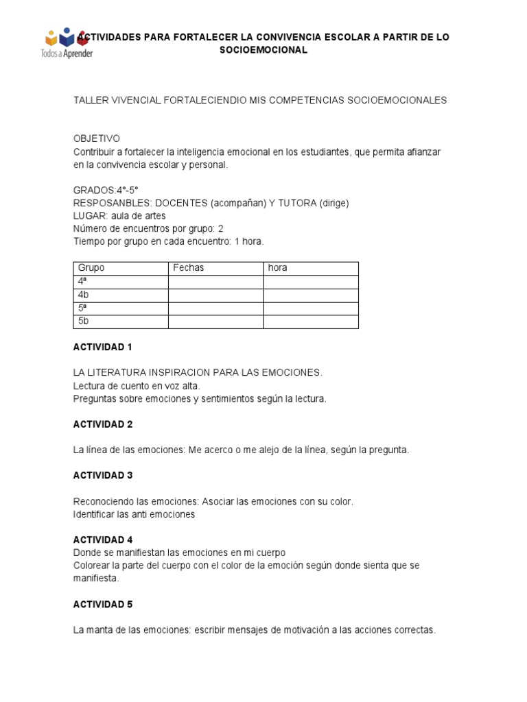 Actividades Socioemocional en El Aula | PDF | Las emociones | Sicología