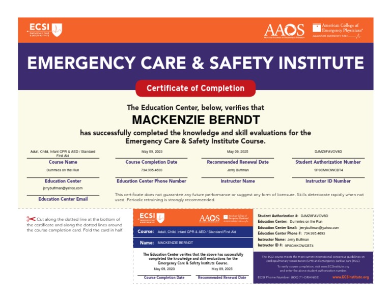 Emergency Care Course Completion Certificate | PDF | Cardiopulmonary ...