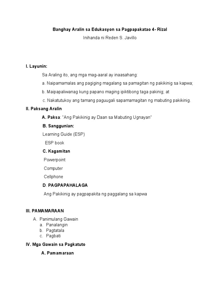 ESP Lesson Plan 4 4th Lesson | PDF