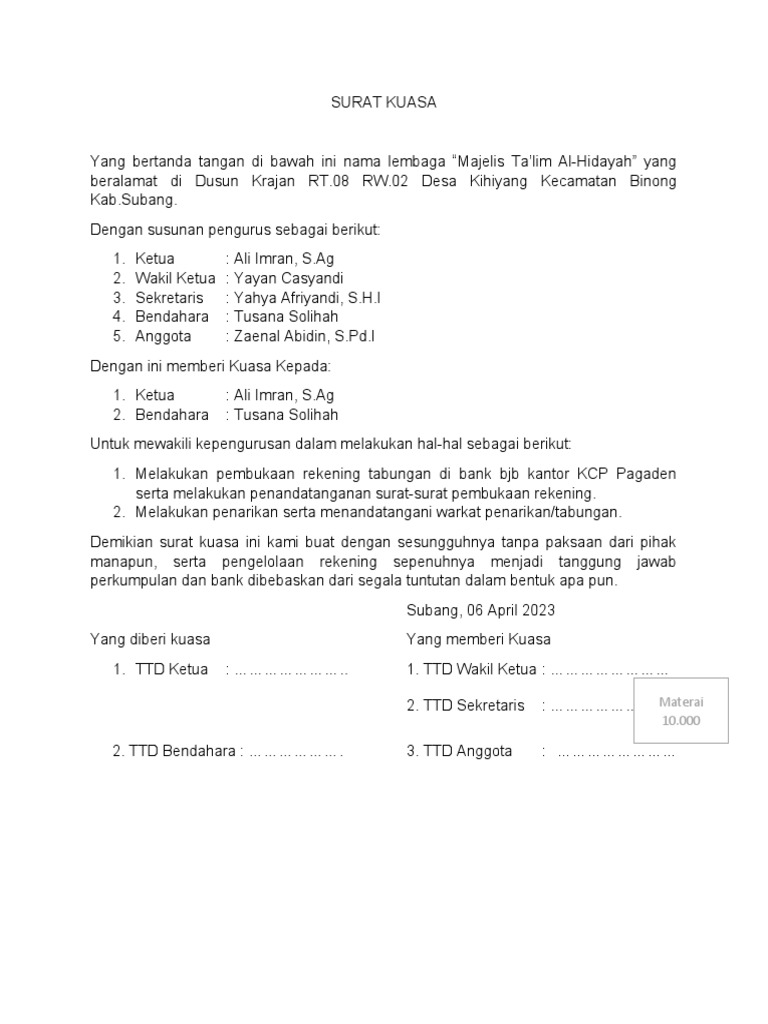 Surat Kuasa - BJB | PDF