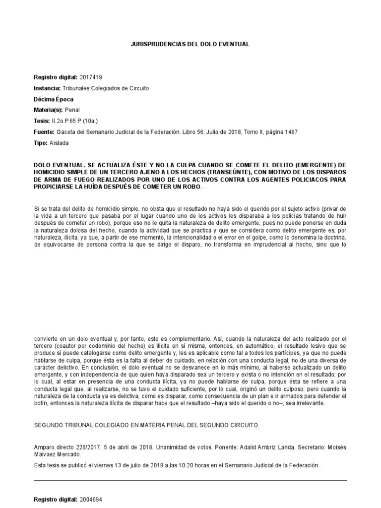 Jurisprudencias sobre Dolo Eventual | PDF | Intención (Derecho Penal ...