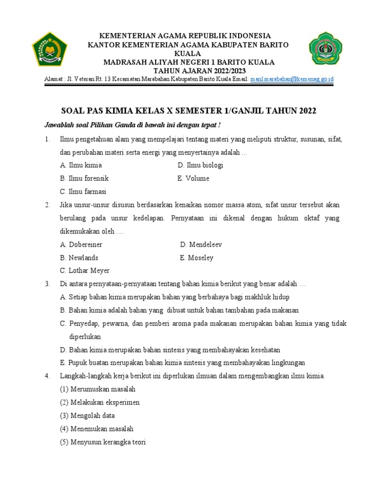 Soal+kunci Jawaban Pas Kimia Kelas X Semester 1 | PDF