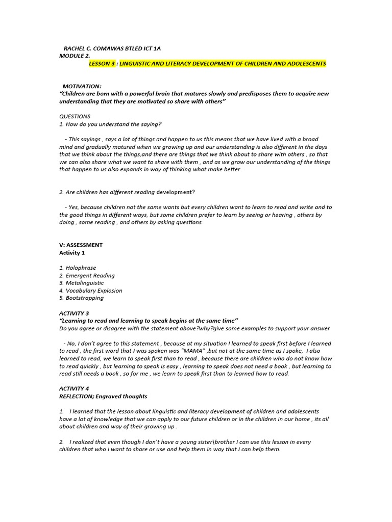 Module 2 Lesson 3 C & A (RACHEL C COMAWAS BTLED ICT 1A) | PDF | Child ...