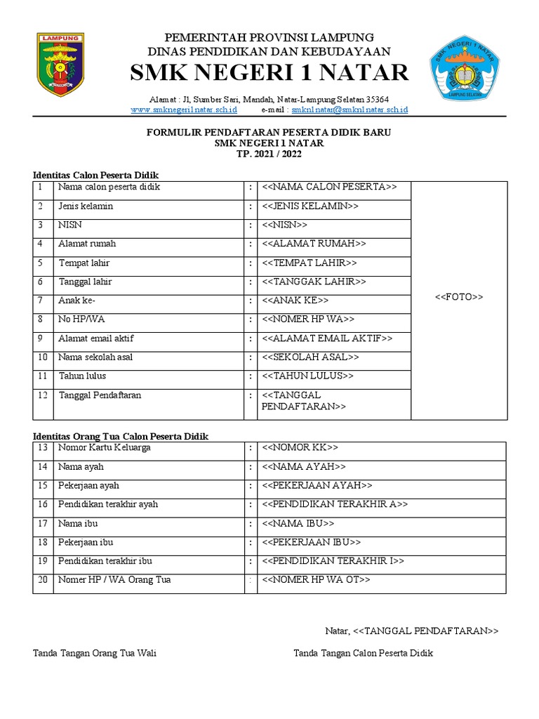 Formulir Pendaftaran SMKN 1 Natar | PDF
