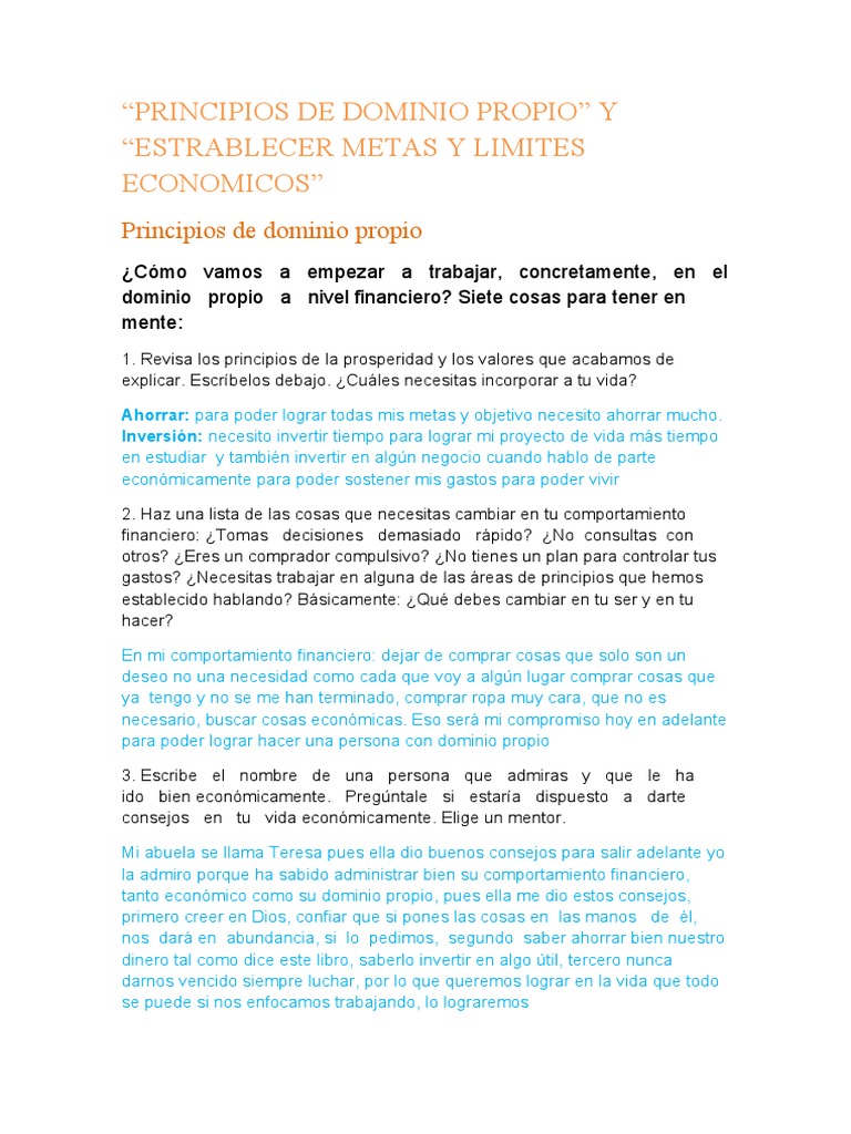 Principios de Dominio Propio y Establecer Metas y Limites Economicos | PDF
