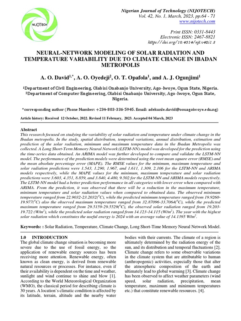 Neural Network Modeling Of Solar Radiation And Temperature Variability