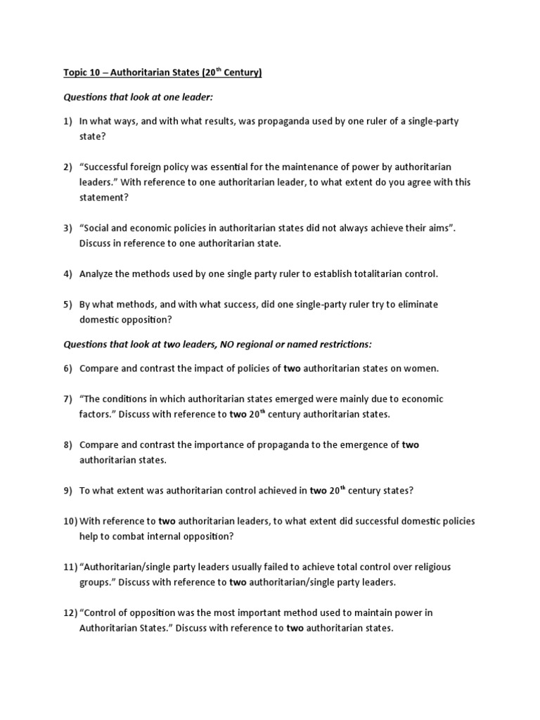 IB History Paper 2: Authoritarian States Questions | PDF ...