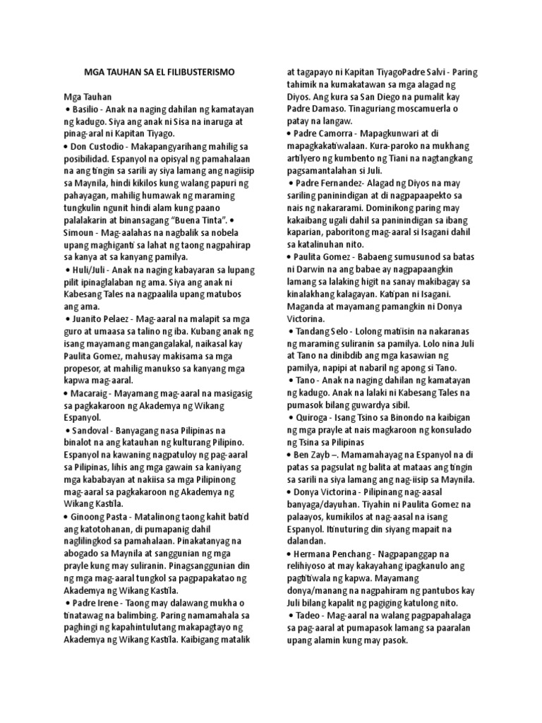 Mga Tauhan Sa El Filibusterismo | PDF