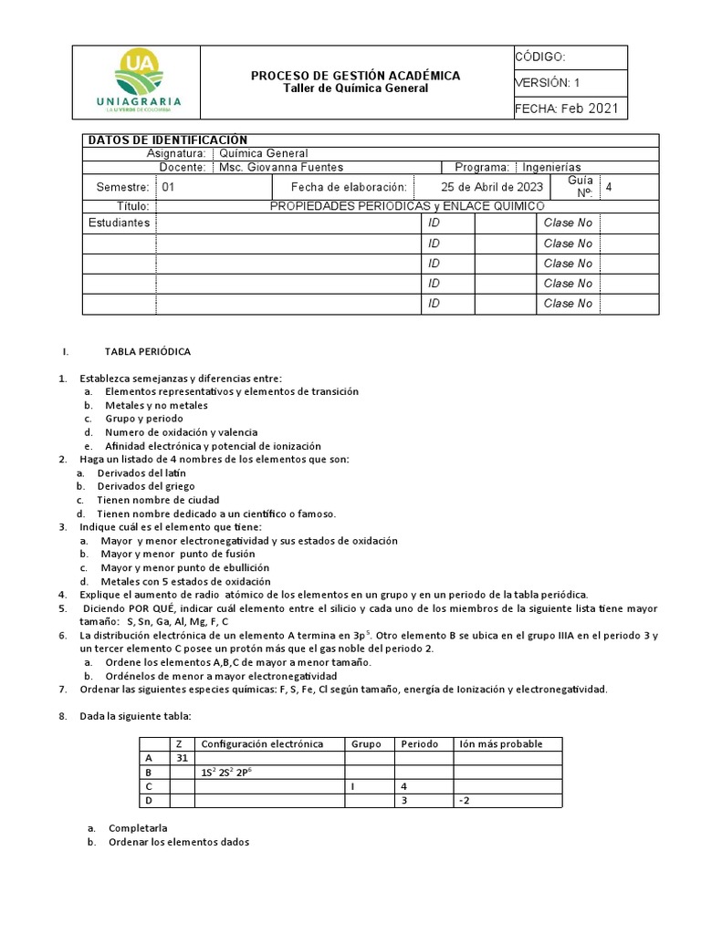 Taller 3 Periodicidad Y Enlace Químico 2023 Descargar Gratis Pdf