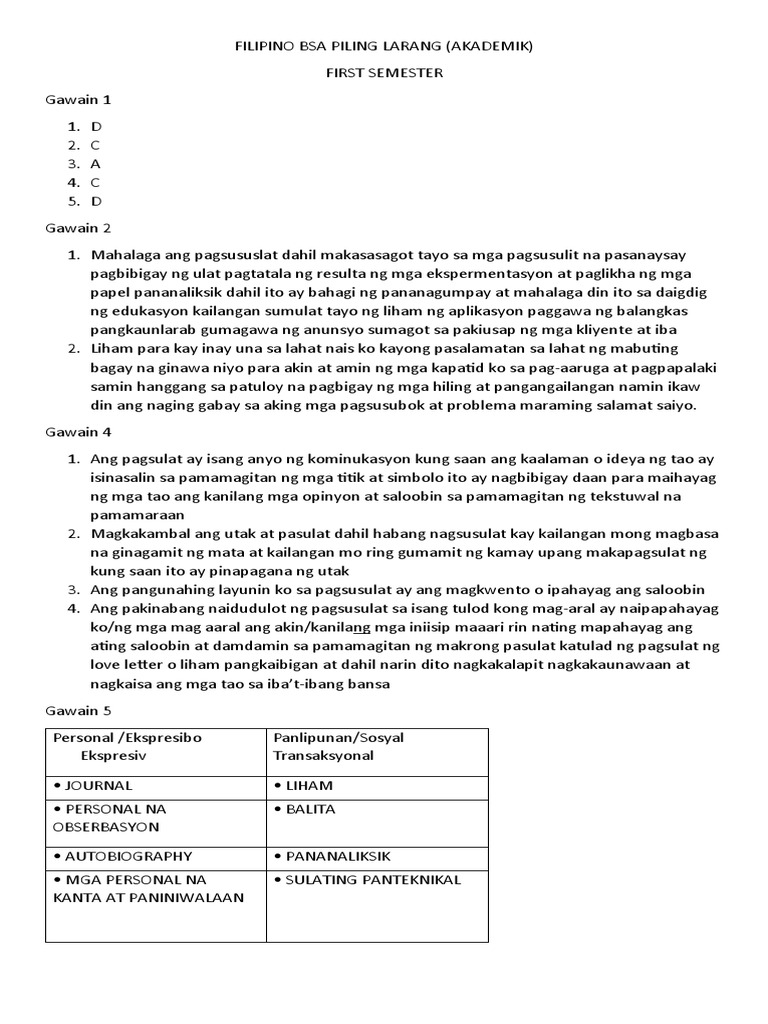 Filipino Sa Piling Larang ANSWER | PDF
