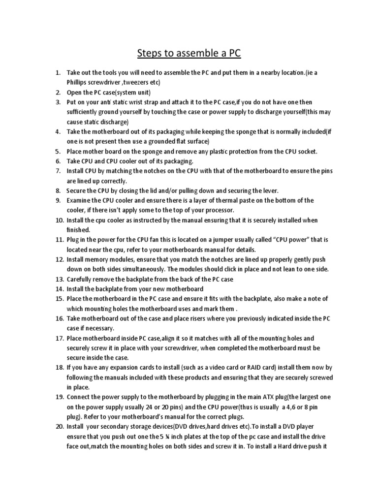 Steps To Assemble A PC | PDF | Computer Science | Electronics