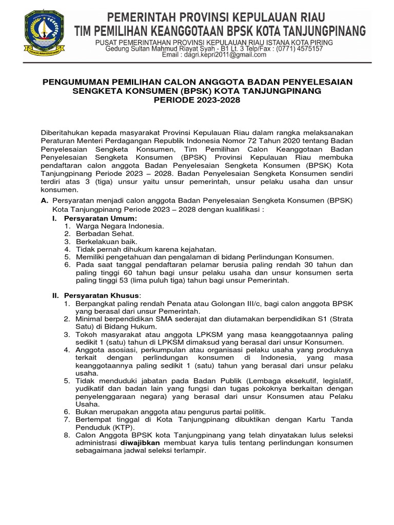 Pengumuman Seleksi BPSK | PDF
