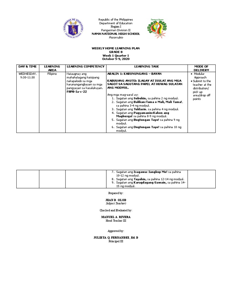 Filipino 8 - Weekly-Home-Learning-Plan-2020-2021 - 1 | PDF Filipino 8 - Weekly-Home-Learning-Plan-2020-2021 - 1 | PDF
