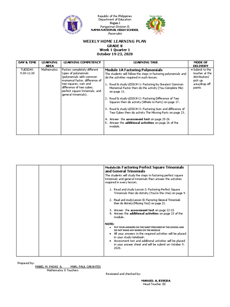 Weekly Home Learning Plan G8 Math | Download Free PDF | Factorization | Behavior Modification