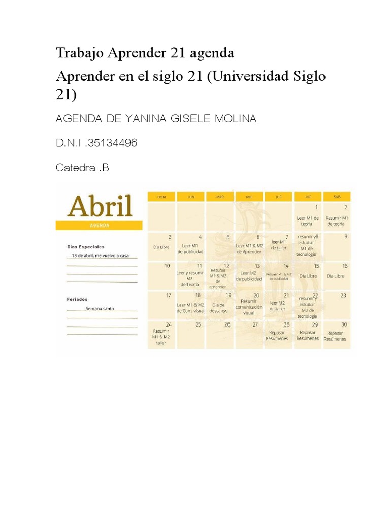 Agenda de Yanina Molina - Aprender 21 | PDF