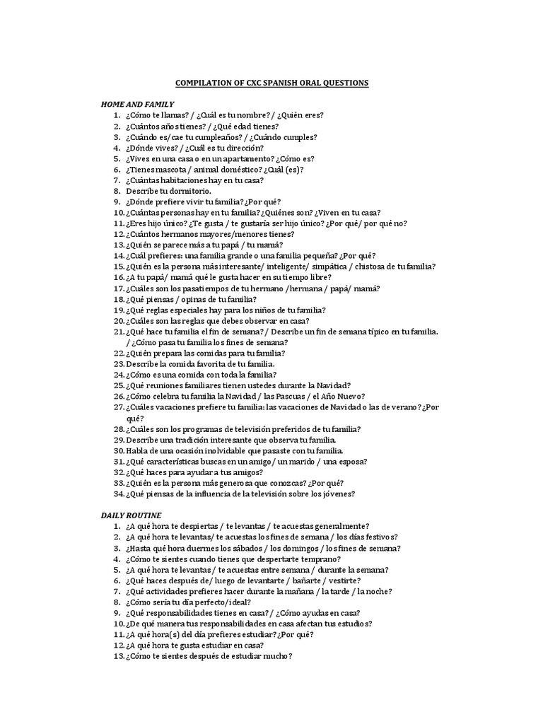 Compilation of CXC Spanish Oral Questions PDF | PDF | Navidad