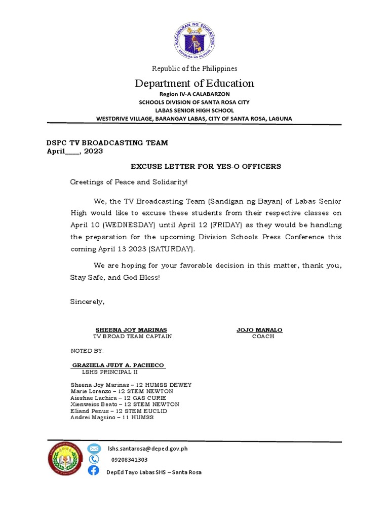 Excuse Letter For Eco Fest Yes o 1 | PDF