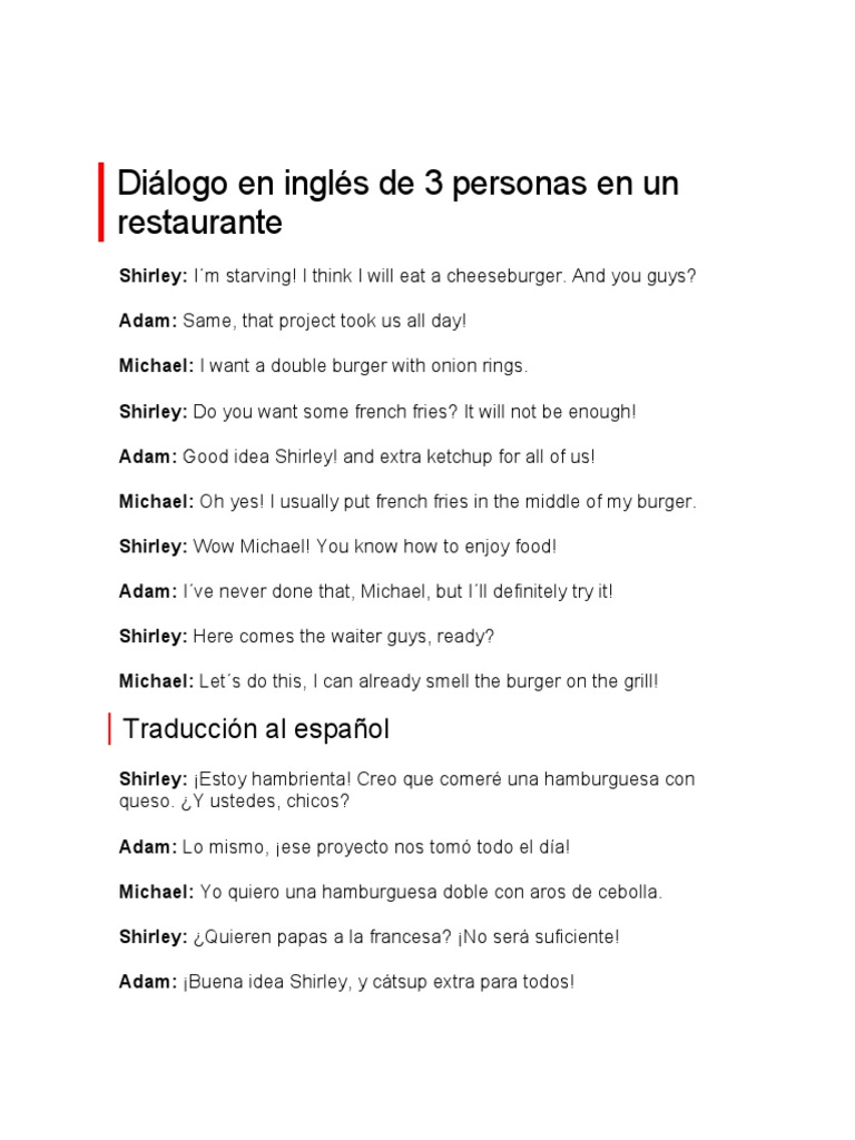 Diálogo En Inglés De 3 Personas En Un Restaurante Pdf
