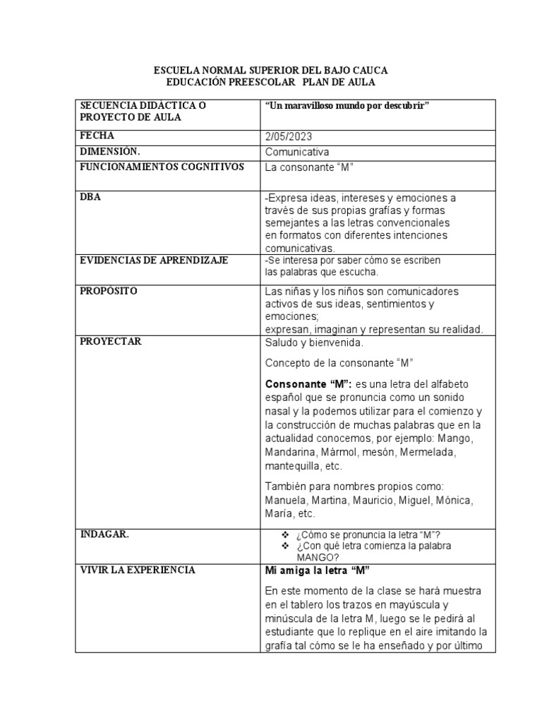 Clase de La Consonante M Preescolar Corregida | PDF | Educación de la ...