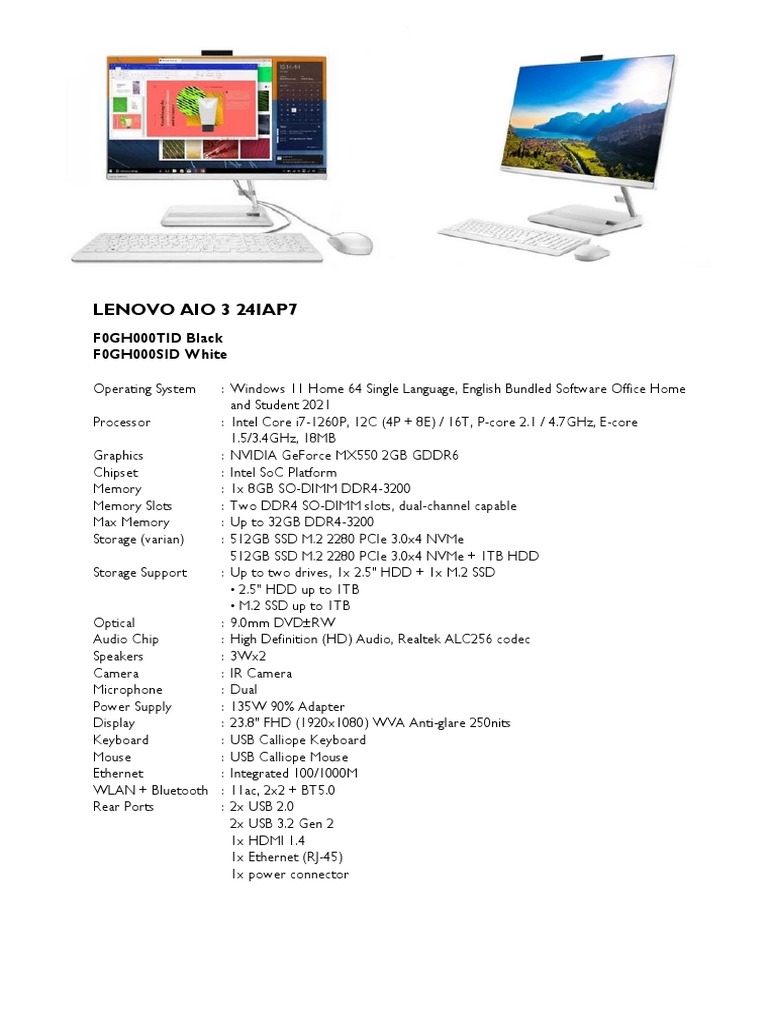 Lenovo AIO 3 Specs for Tech Enthusiasts | PDF | Computers