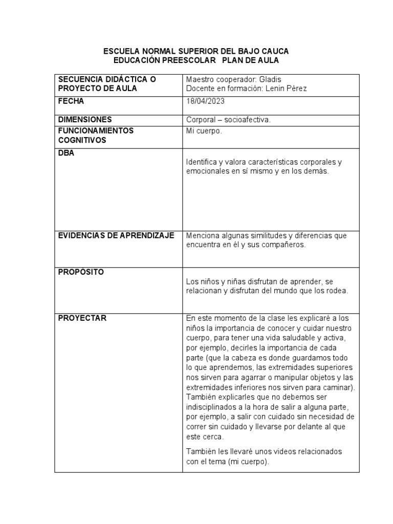 Plan de Aula Preescolar #1 | PDF | Educación de la primera infancia ...