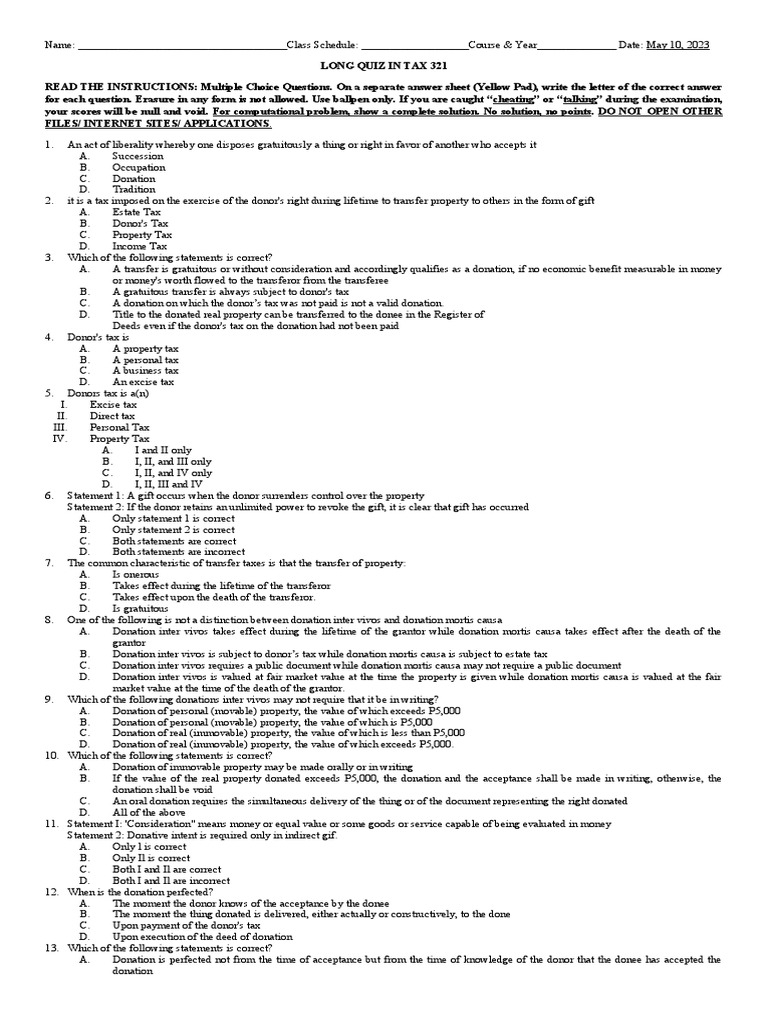 Tax 321 Long Quiz Instructions and Questions | PDF | Taxes | Donation