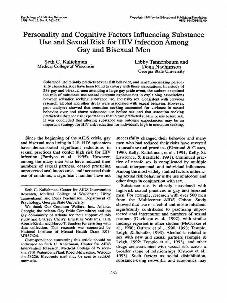 Personality And Cognitive Factors Influencing Substance Use And Sexual Risk For Hiv Infection