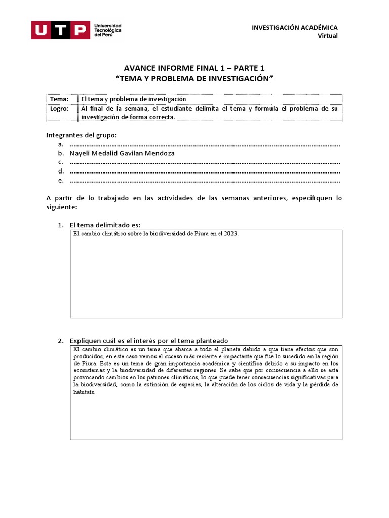 Semana 03-Formato - Avance de Informe Final 1 - Parte 1 - Tema y Problema de Investigación | PDF ...