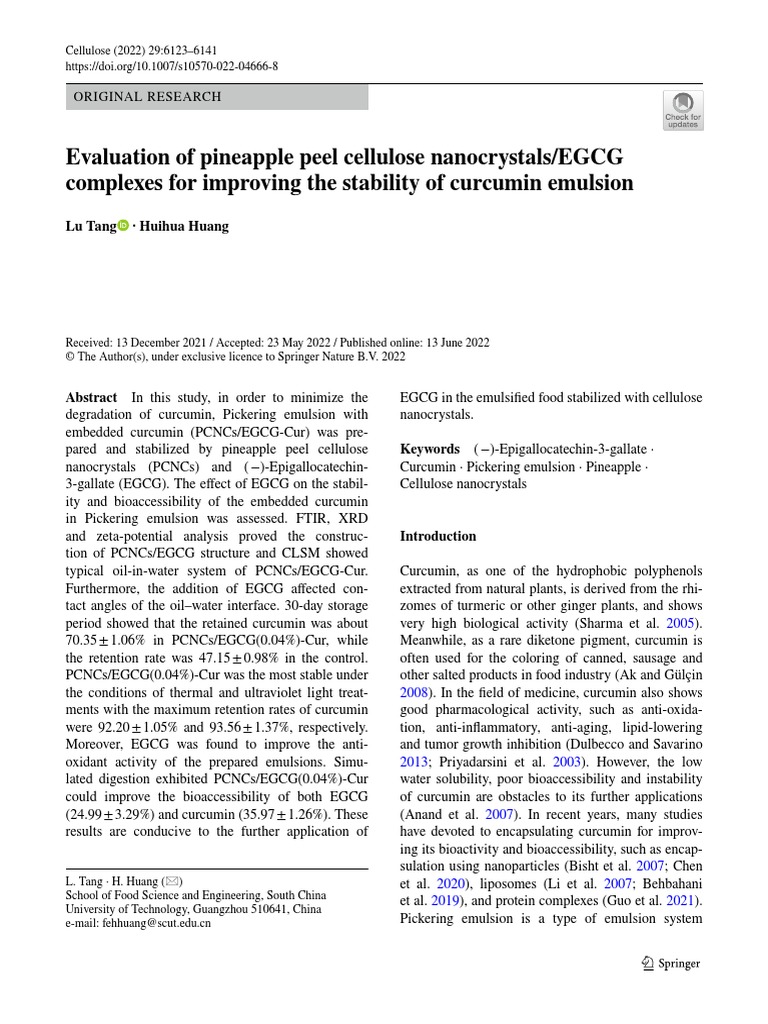 Evaluation of Pineapple Peel Cellulose nanocrystals/EGCG Complexes For ...