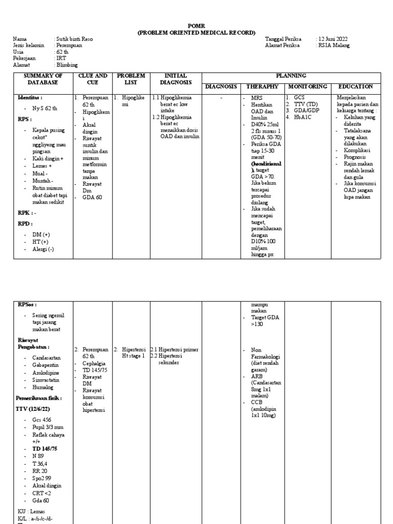 POMR Hipoglikemia - Syahdan MD - D1 RSIA Malang | PDF