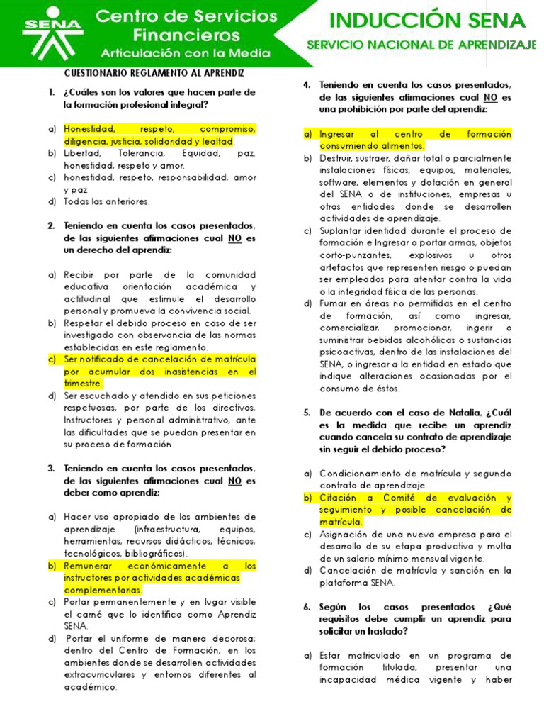 Cuestionario RESUELTO Reglamento Del Aprendiz (Instructores) PDF | PDF