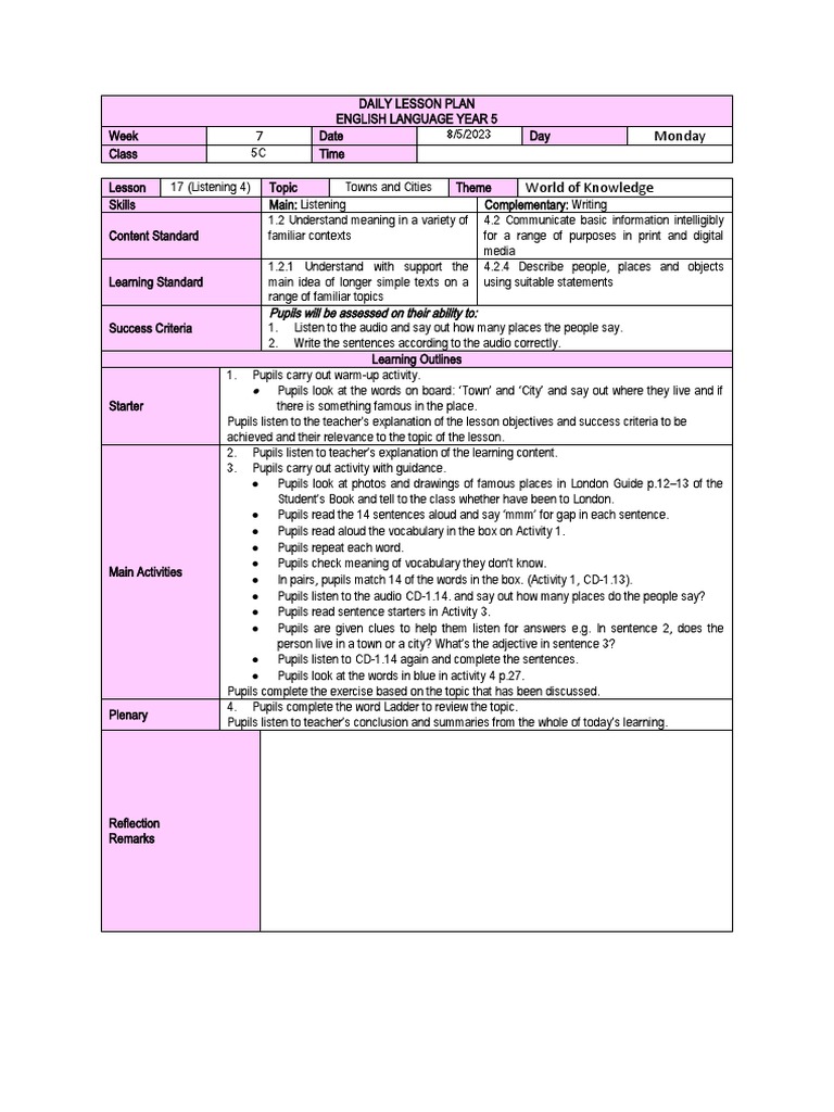 Towns and Cities (Lesson 17-34) | PDF | Lesson Plan | Teachers
