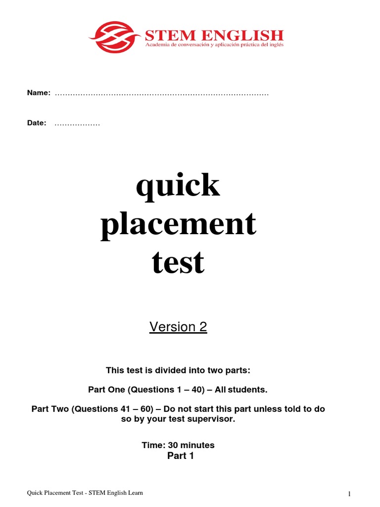 ENGLISH PLACEMENT TEST FOR EXAMS GENERAL Saveable PDF | PDF ...