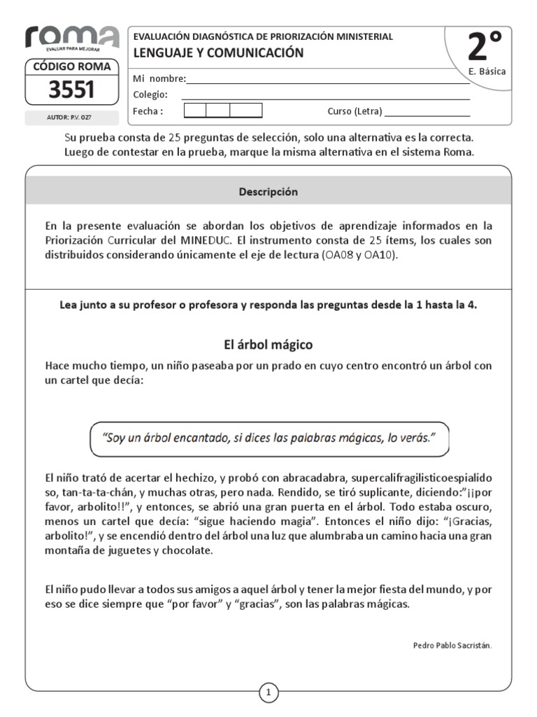 Evaluación Diagnóstica 2° Grado Lengua | PDF