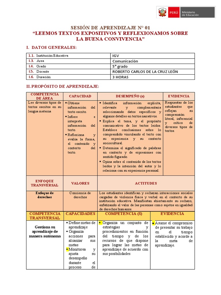Sesión de Aprendizaje N°01 - 5to Grado | PDF