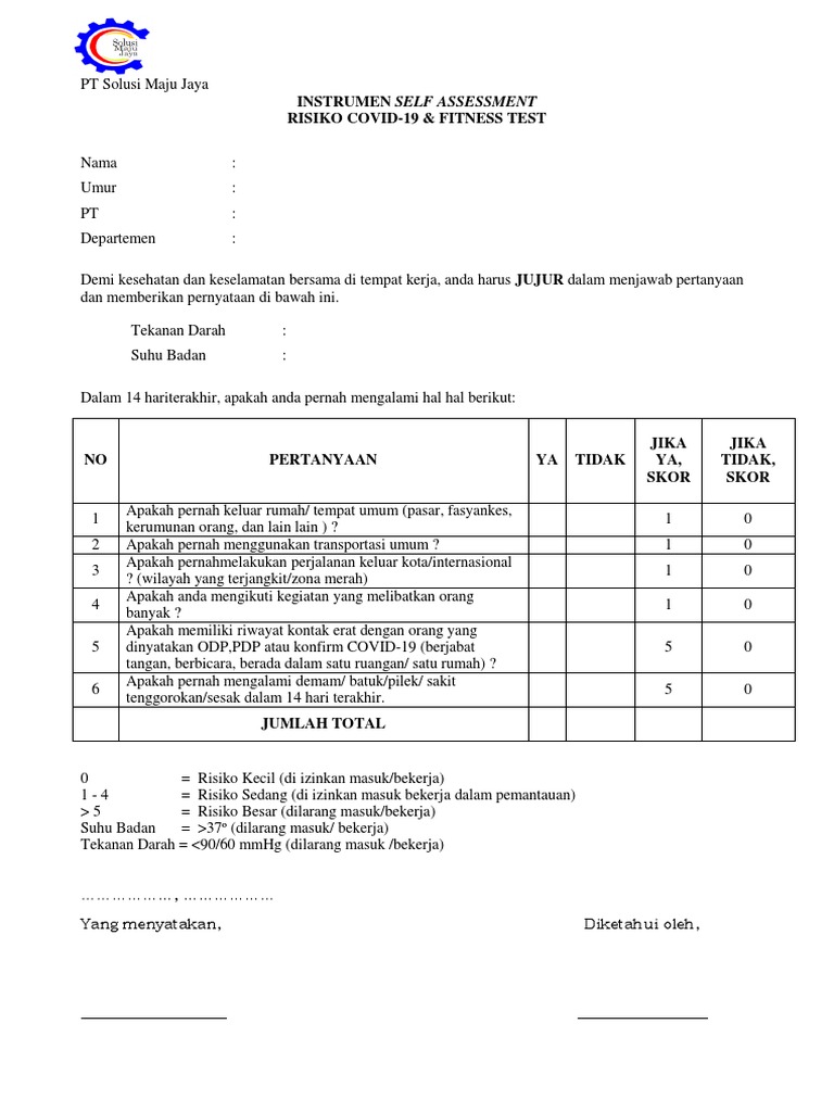 Form Instrumen Self Assessment Covid 19 & Fitness Test | PDF