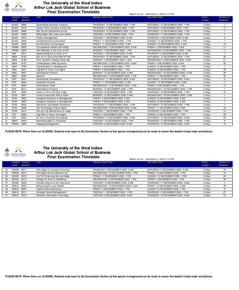 GSB Final Timetable Cross Reference 202010 02NOV2020 | PDF | Business