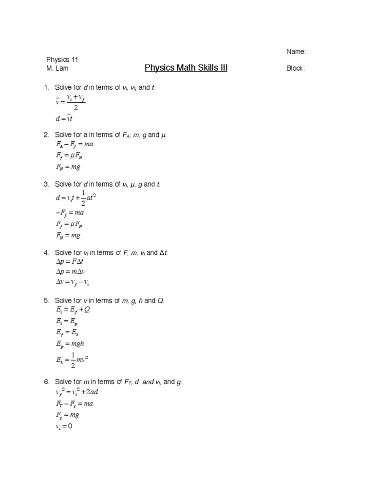 Physics Equations for Motion and Forces | PDF | Language Arts ...