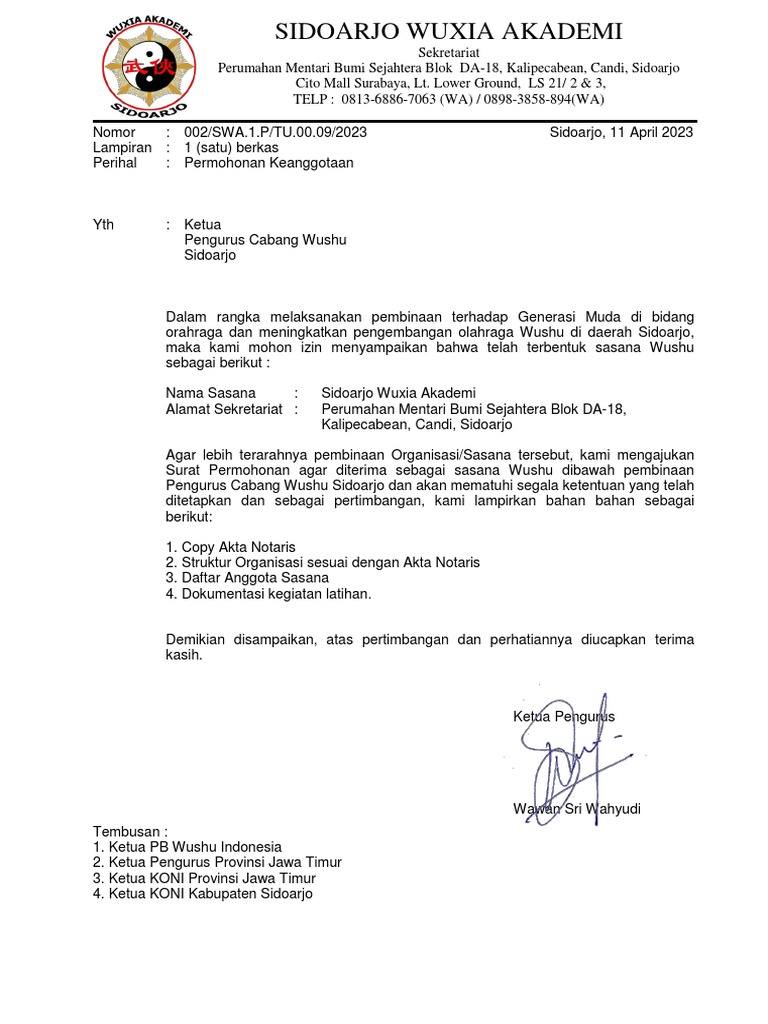 Draft Surat Permohonan Menjadi Anggota Pengcab Sidoarjo | PDF